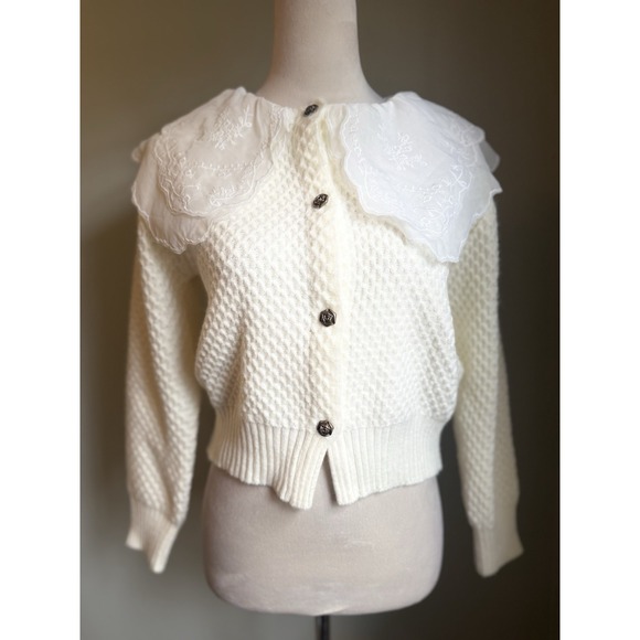 Sweaters | Small Cottage Core Ivory Cream Knit Lace Sweater Boho Granny ...